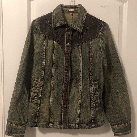 Reba | Jackets & Coats | Reba Rhinestone Leather And Denim Button Down ...